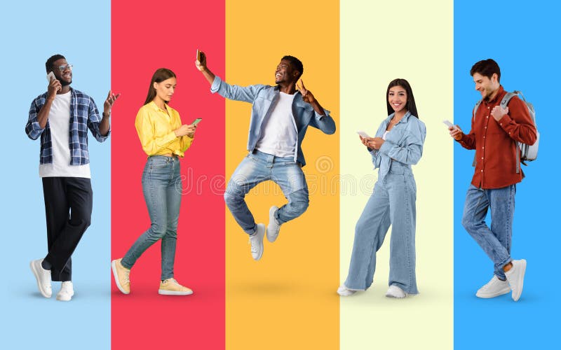Modern Technologies. Diverse Happy People Using Smartphones and Posing ...