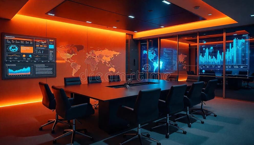 Modern Technology Company Boardroom Featuring Global Data Visualization Displays Stock ...