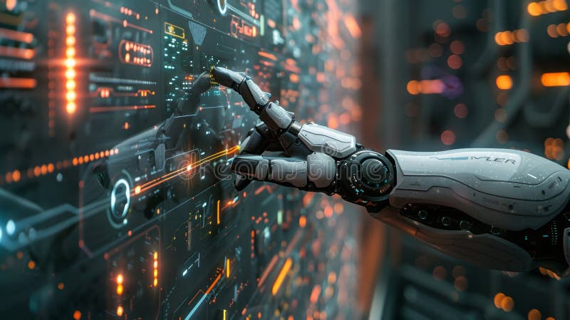 Modern Technology Concept with a Futuristic Robotic Hand Interacting ...