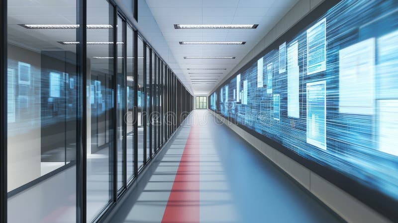 Modern Technology Corridor with Digital Data Flow and Glass Walls Stock ...