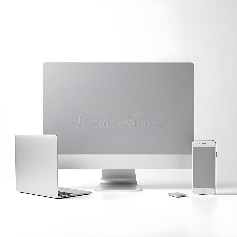 Modern Technology Devices Mockup: Computer, Laptop, and Phone on a ...