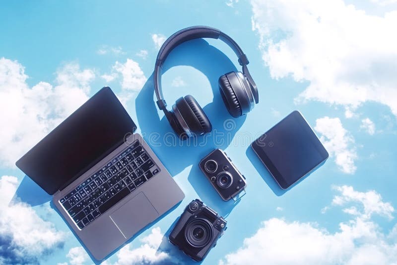 Modern Technology Floating in the Clouds: Laptop, Headphones, Camera ...