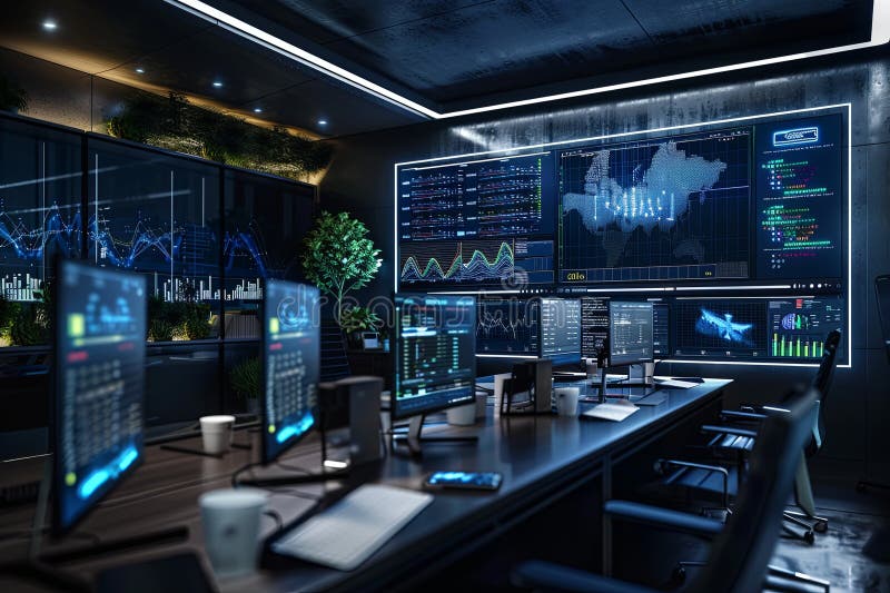 A Modern, Technology-focused Marketing Office with Multiple Screens Displaying AI Algorithms ...