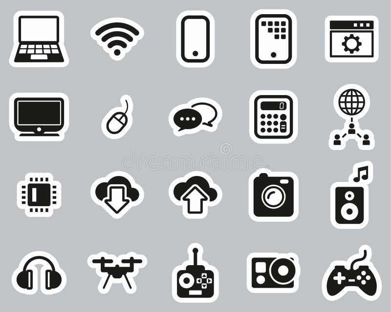 Modern Technology Icons Black & White Sticker Set Big Stock Vector ...