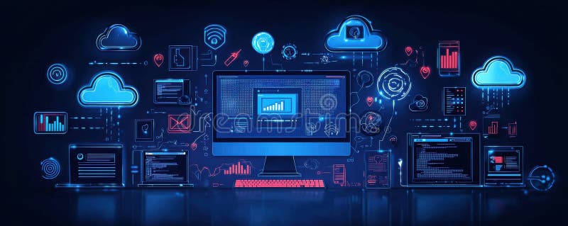 Modern Technology Integration Concept with Computer and Digital Cloud Icons Stock Photo - Image ...