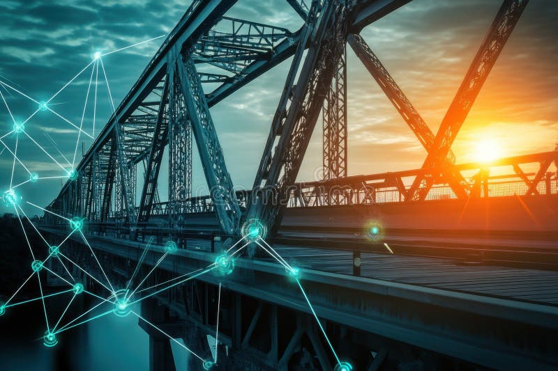 Modern Technology Intersects with Classic Bridge Structure at Sunset ...