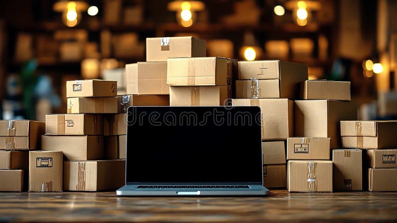 Modern Technology Laptop in Workspace Surrounded by Cardboard Boxes ...