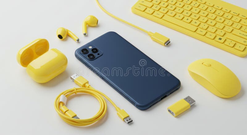 Modern Technology Layout with Blue Smartphone and Yellow Accessories ...