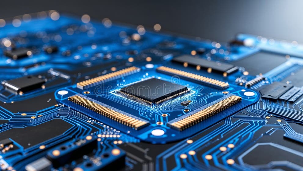 Modern Technology Shows Intricate Blue Circuit Board with Central ...