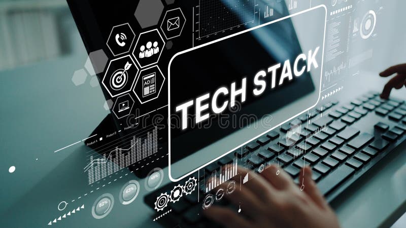 Modern Technology Stack Concept with Hands on Keyboard and Digital Interface Elements in a ...