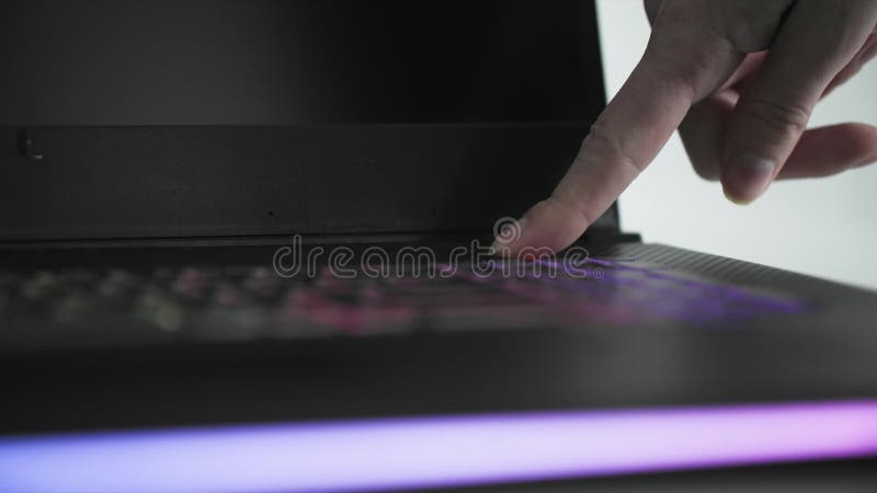 Modern Technology, Woman Presses Computer Power Button with Finger ...