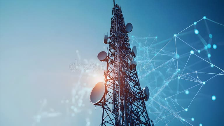 Modern Telecommunications Tower with Network Connections Visualizing Data Transmission and ...