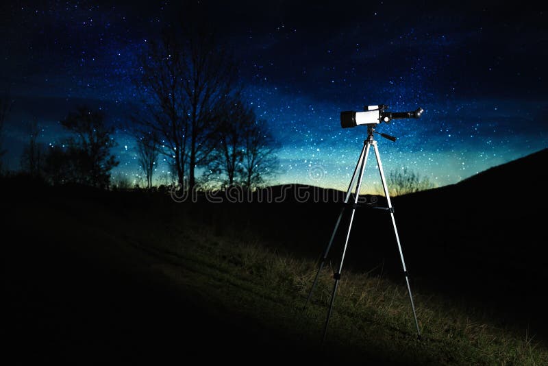 Modern Telescope and Beautiful Sky in Evening Outdoors. Learning ...