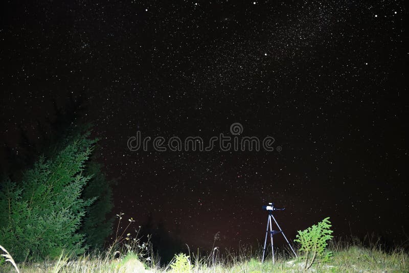 Modern Telescope and Beautiful Sky in Night Outdoors. Learning ...