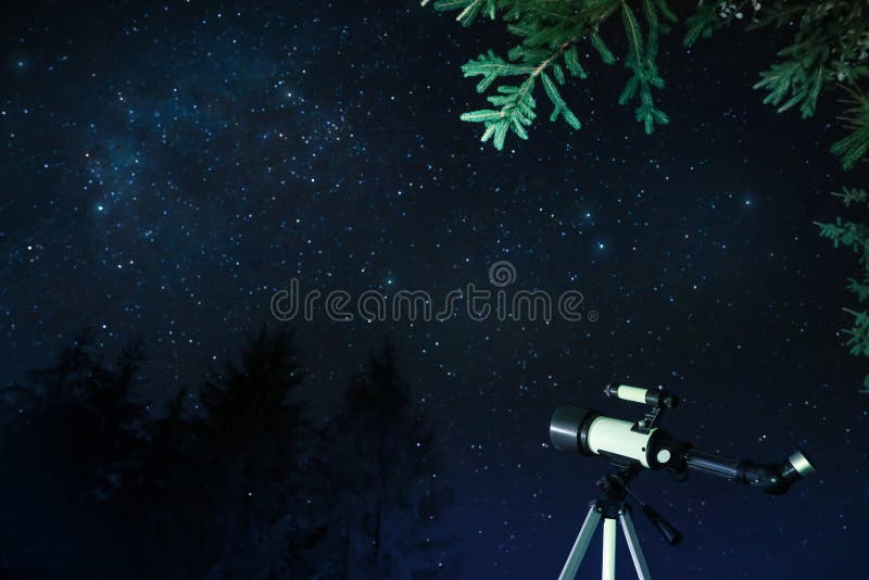 Modern Telescope and Beautiful Sky in Night Outdoors. Learning ...