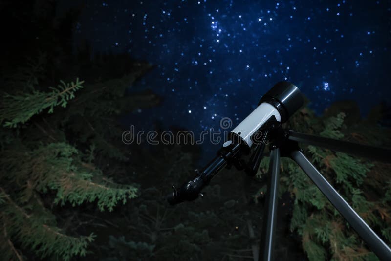 Modern Telescope at Night Outdoors, Low Angle View. Learning Astronomy ...