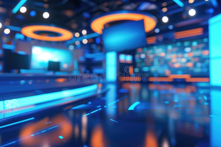 Modern Television Studio with Blue Lighting and a Large Screen for ...