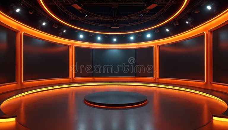 Modern Television Studio with Curved Screens, Orange Lighting. Empty ...