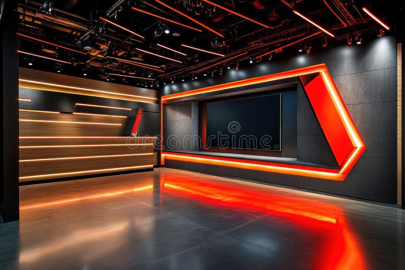 Modern Television Studio with Vibrant Red and Black Illuminated Design ...