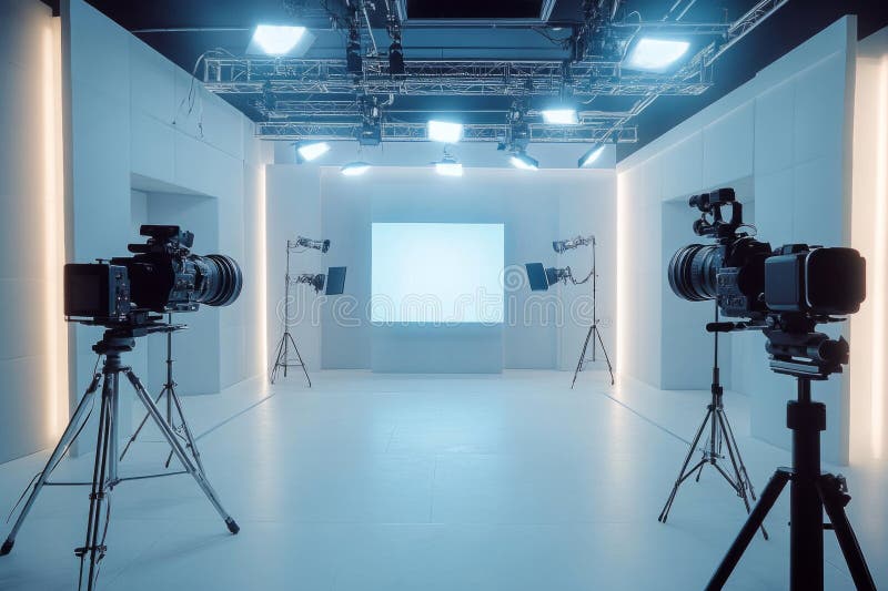 Modern Television Studio with Professional Video Cameras and Spotlights ...