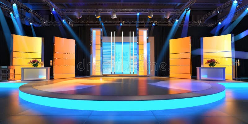 Modern Television Studio Set with Vibrant Lighting and Sleek Design ...