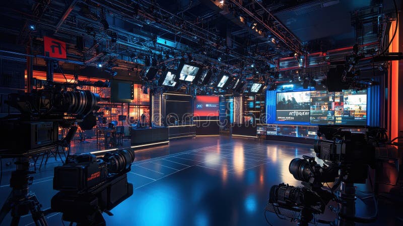 A Modern Television Studio Setup with Cameras and Screens for ...