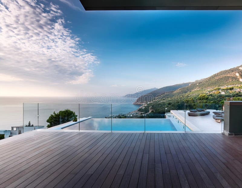 Modern Terrace with Infinity Pool and Ocean View Stock Image - Image of ...