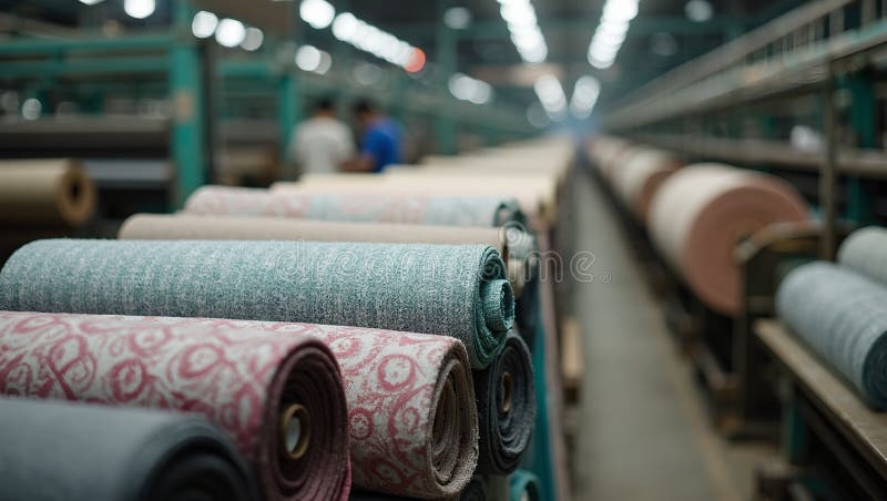 Modern Textile Factory with Colorful Fabric Rolls and Weaving Machines ...