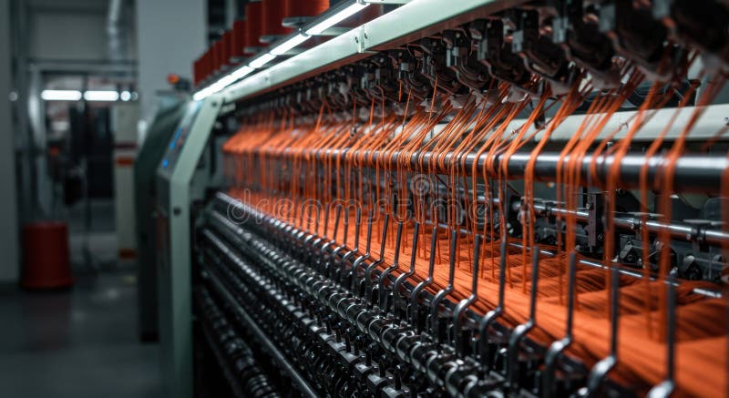 Modern Textile Machine with Orange Threads in High-tech Factory ...