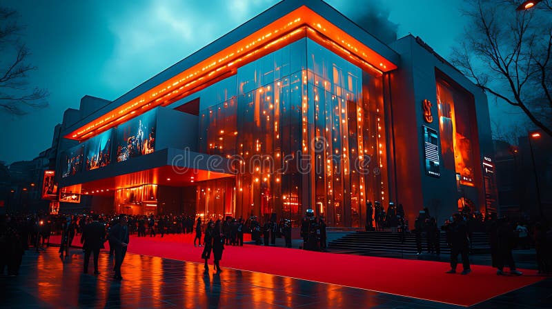 Modern Theater Building at Night with Red Carpet and Crowd Stock ...