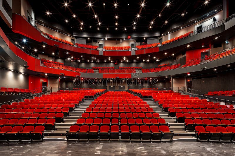 Modern Theater Hall Featuring Rows of Red Seating and Bright Stage ...