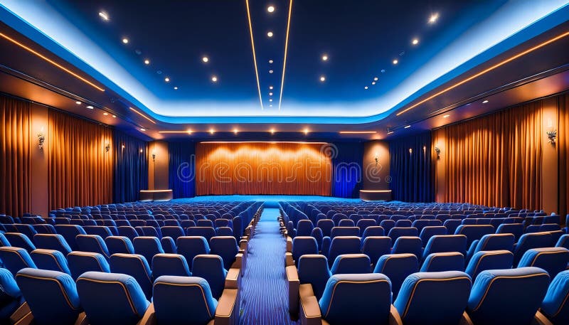 Modern Theater Interior with Blue and Orange Lighting, Featuring Rows ...