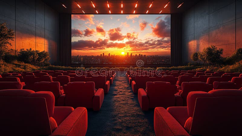 Modern Theater Interior with Red Seats and a Stunning Sunset View ...