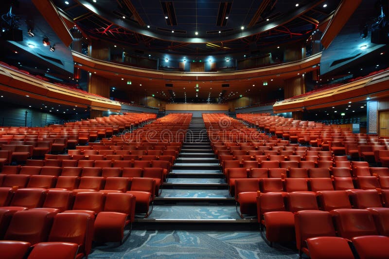 Modern Theater Interior with Rows of Red Seats and Stage Lighting in a ...