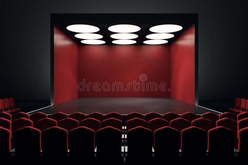 Modern Theater Stage with Red Walls and Circular Ceiling Lights Viewed ...