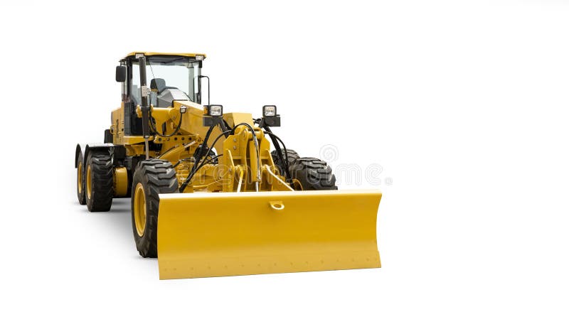 A Brand New Yellow Modern Three-Axle Road Grader Isolated on a White ...