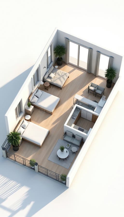 Modern Three-dimensional Floor Plan Rendering Contemporary Apartment Layout. Features Include ...