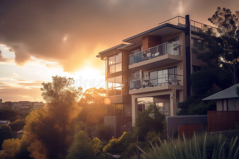 Modern Three Floor House Facade at Sunset. Stock Illustration ...