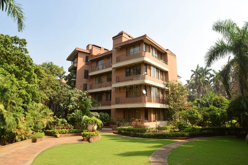 A Modern Three-story Building Surrounded by Lush Greenery and Palm ...