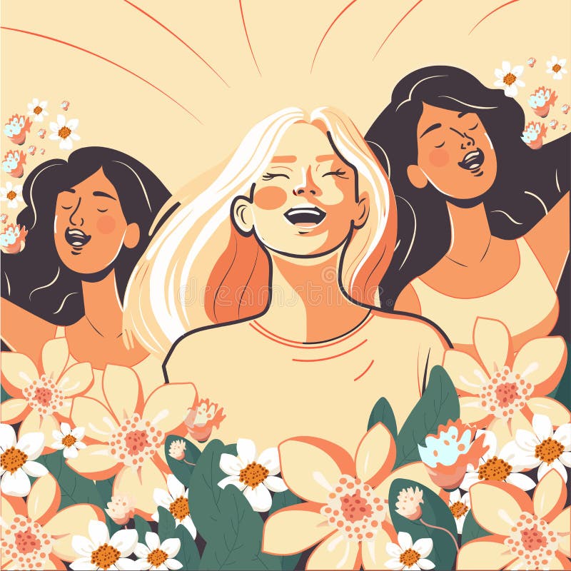 Modern Three Young Women Characters Shouting on Floral Decorated Stock ...