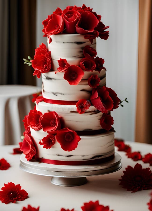 Tiered Wedding Cake Decoration with Red Marzipan Roses Stock ...