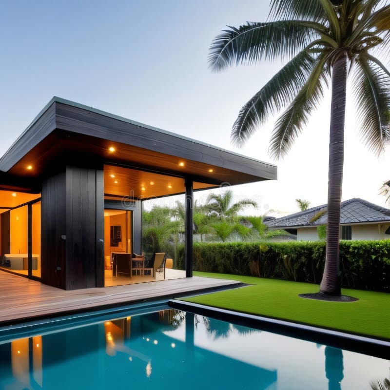 Modern Tiki Style Home with Metal, Lights, Palm Tree and a Pool Stock ...
