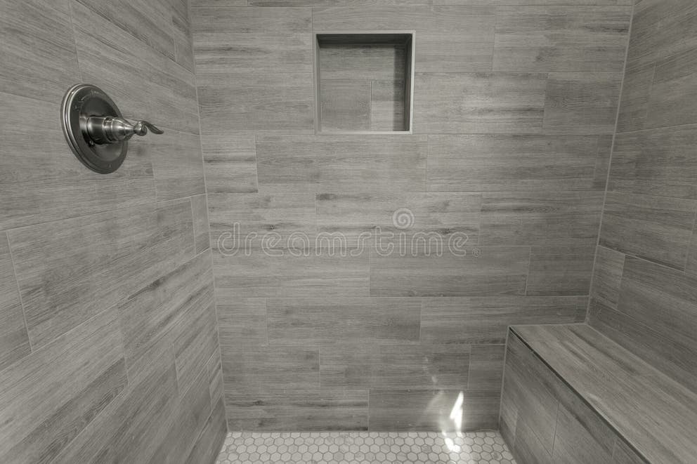 Modern Tiled Shower with Built-in Shelf and Bench Stock Illustration - Illustration of chic ...