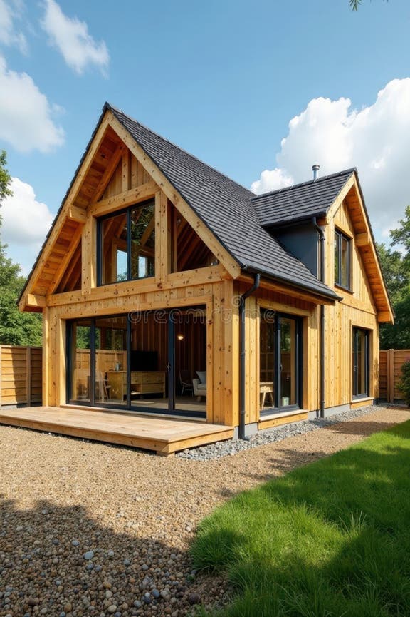 Modern Timber Frame Extension Under Construction, Large Windows Visible , Shadow, Real Estate ...