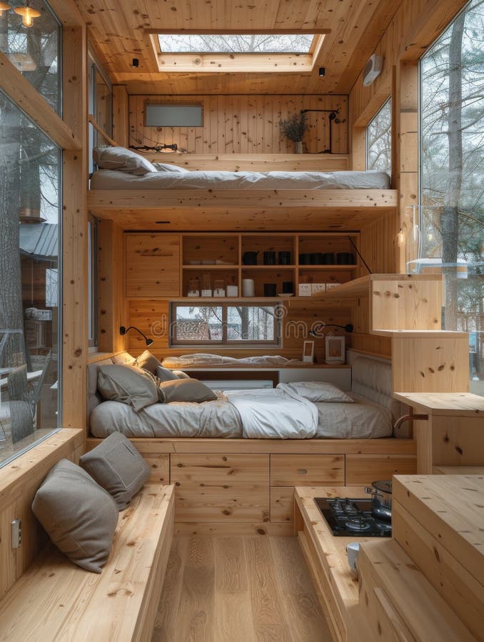 Modern Tiny Home Interior with Wooden Design and Natural Lighting Stock ...