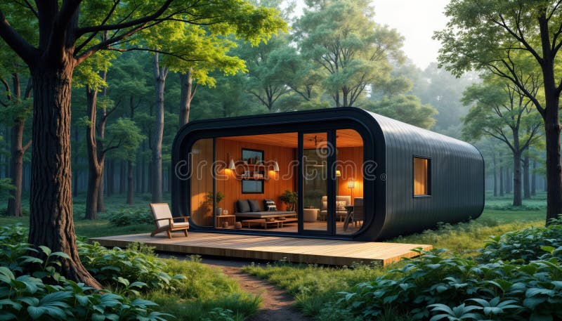 Modern Tiny House in Forest. Glass Fronted Eco Home Blends Nature ...