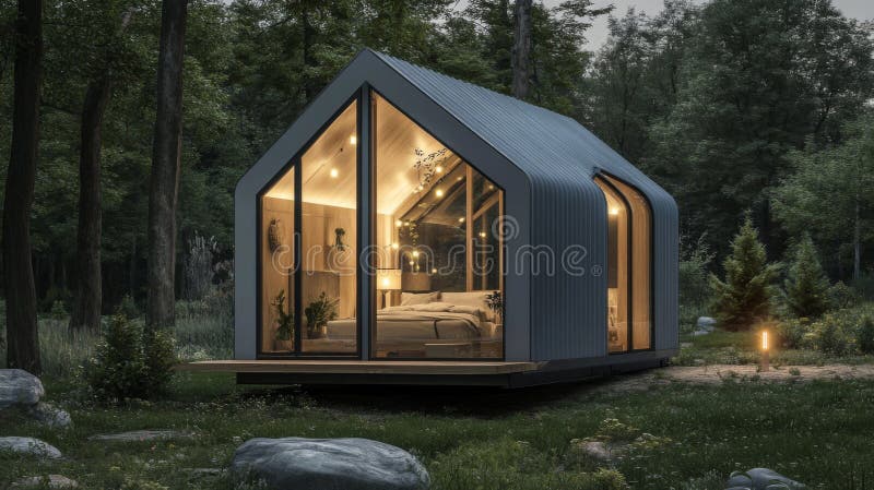 Modern Tiny House in Forest at Night Stock Illustration - Illustration ...
