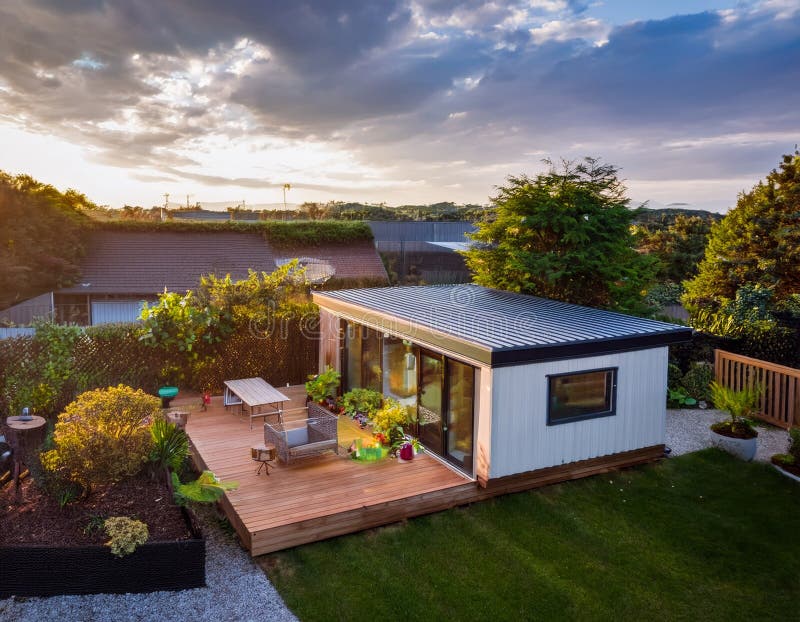 Modern Tiny House with a Garden and a Small Backyard Stock Illustration ...