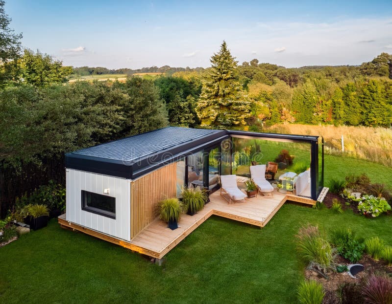 Modern Tiny House with a Garden and a Small Backyard Stock Illustration ...