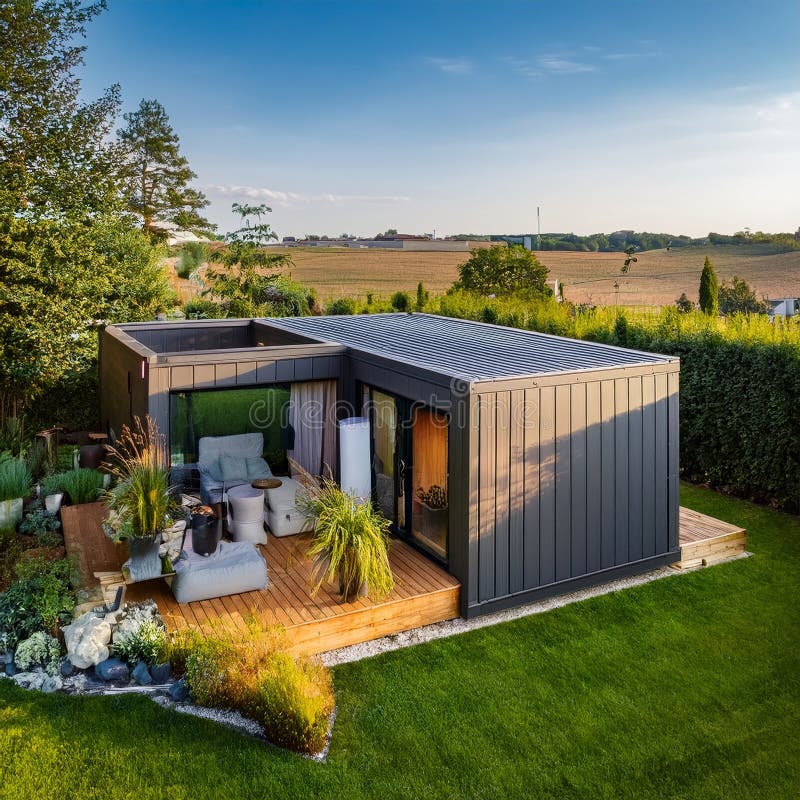 Modern Tiny House with a Garden and a Small Backyard Stock Illustration ...